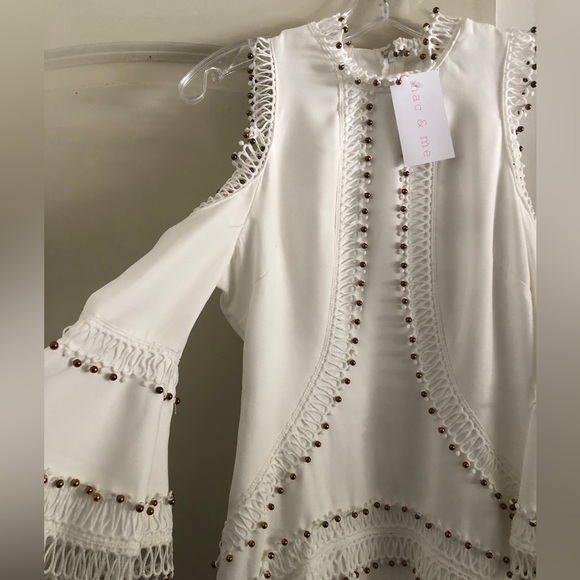 Dresses | Latistie By Amy White Gold Beaded Cold Shoulder Dress Mock ...